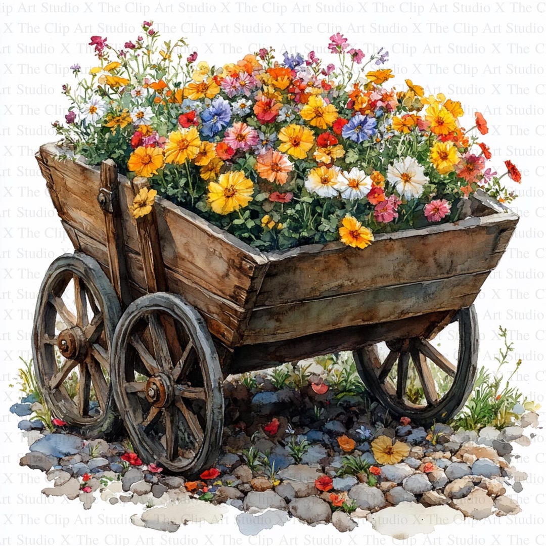 Wheelbarrow With Flowers Clipart | 10 High Quality Jpgs | Digital ...