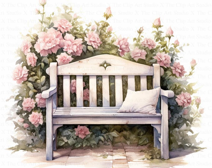 20 Spring Bench Clipart, Garden Bench Clipart, Watercolor Printable ...