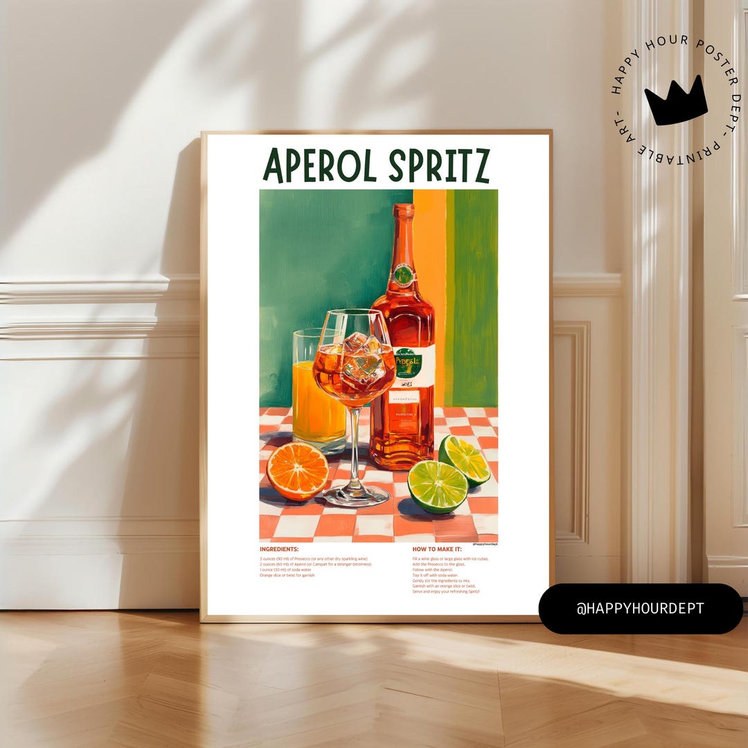 Aperol Bottle Cocktail Poster Printable Wall Art for Bar Cart Decor ...