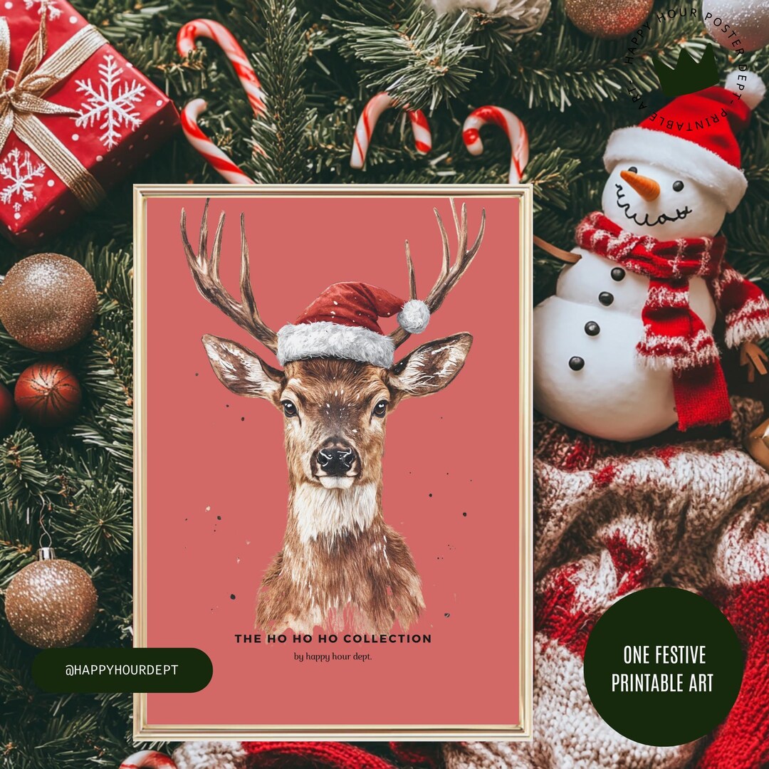 Reindeer Pink Christmas Poster Printable Holiday Wall Art Festive ...
