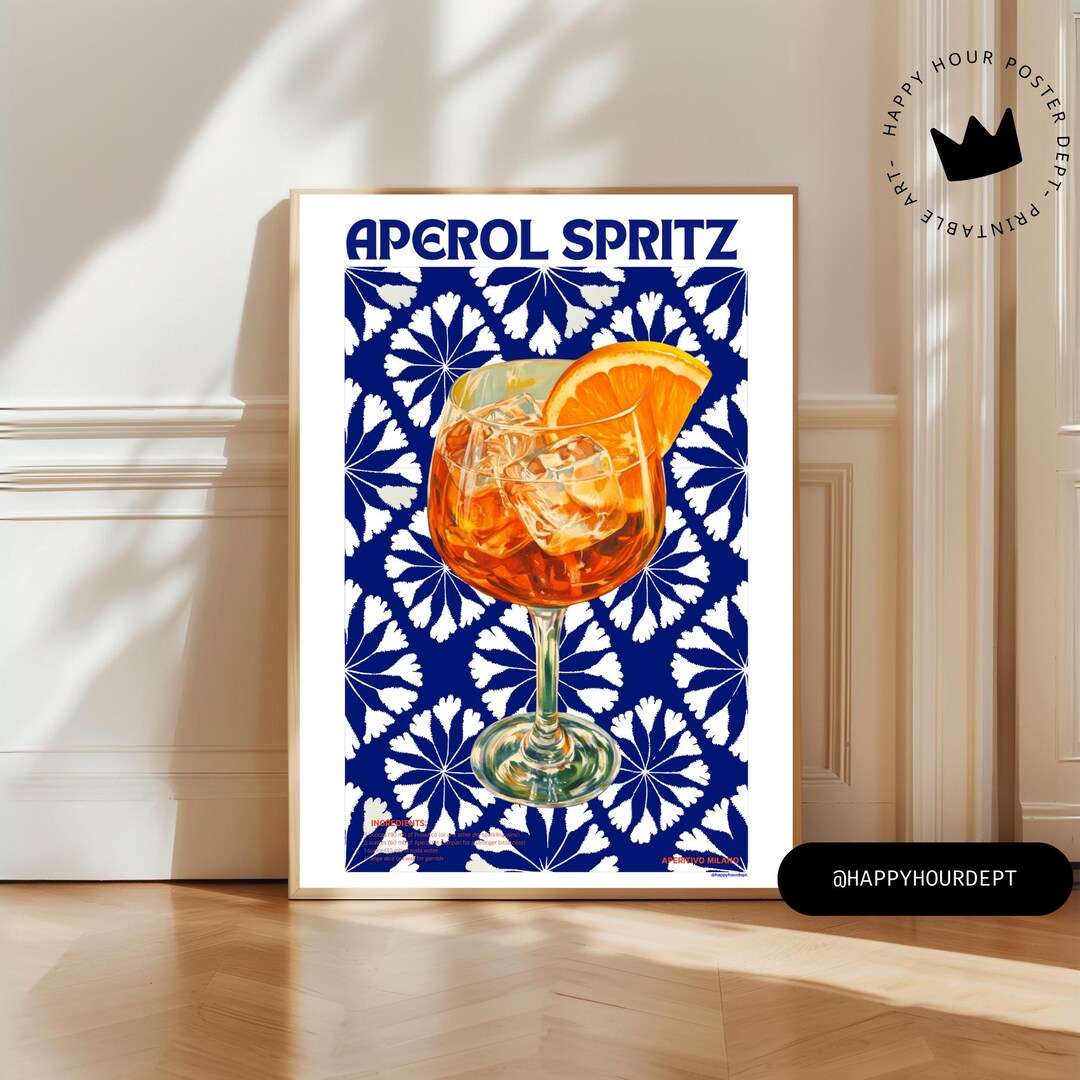 Aperol Spritz Blue Floral Poster | Printable Cocktail Recipe Wall Art ...