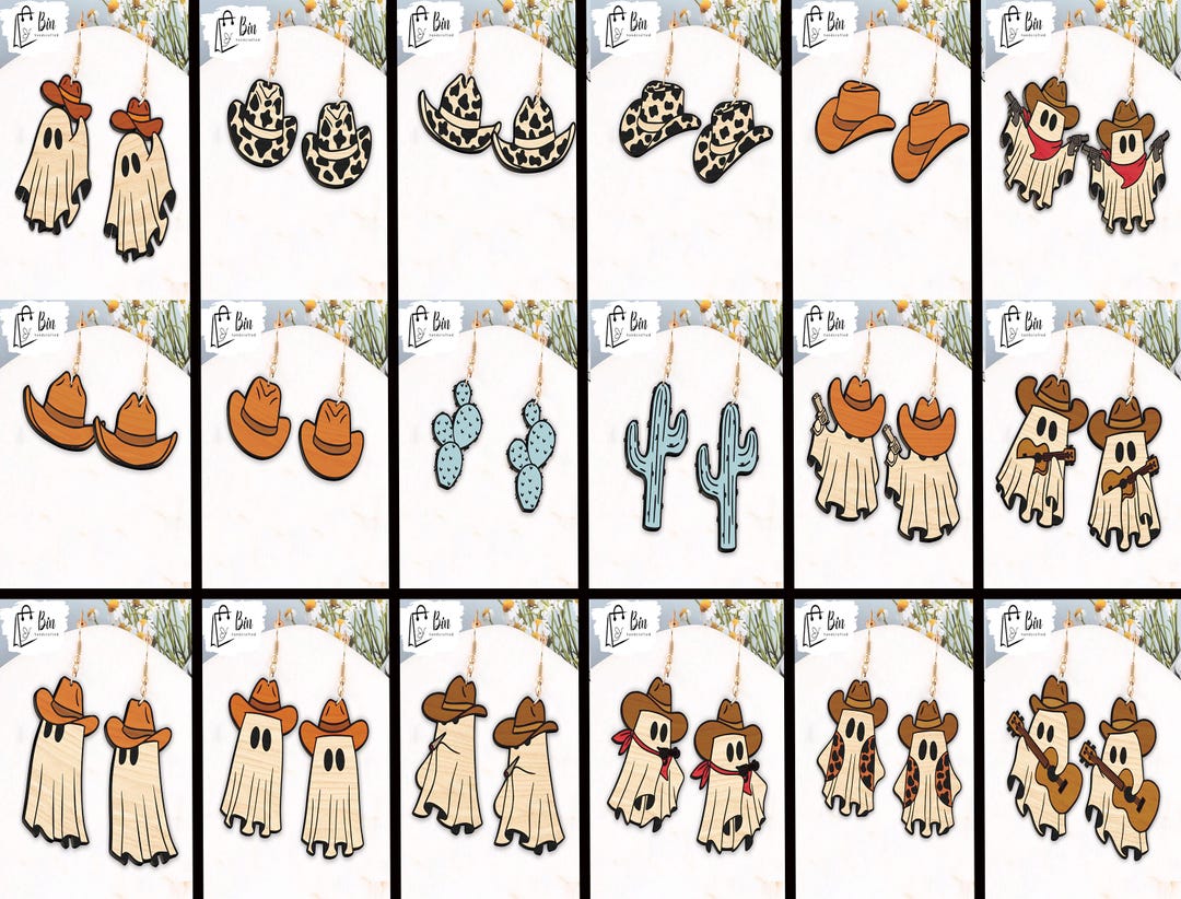 18 Ghost Cowboy Earrings SVG, Halloween Ghost Earrings SVG, Glowforge ...