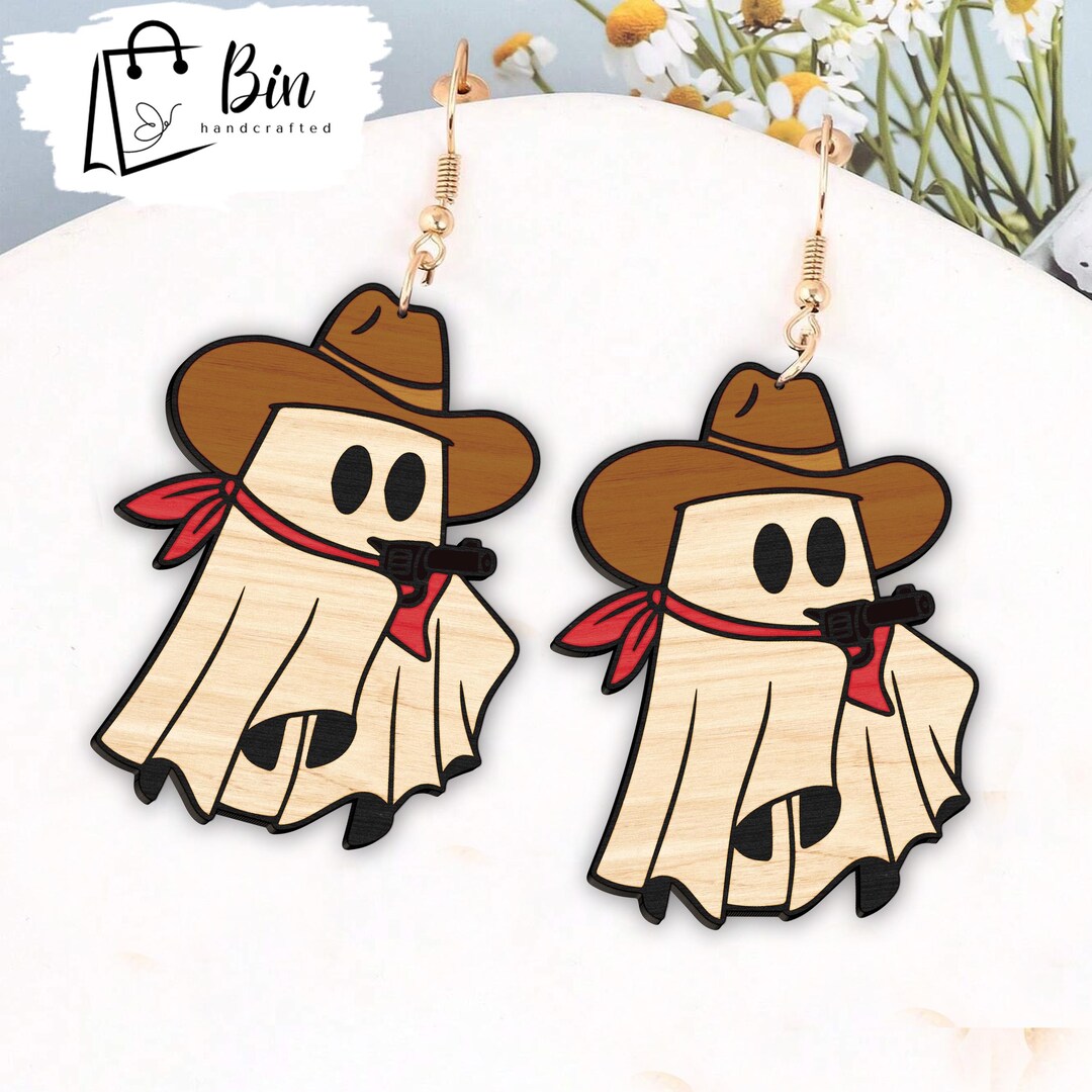 Ghost Cowboy Earrings SVG, Halloween Ghost Earrings SVG, Glowforge ...