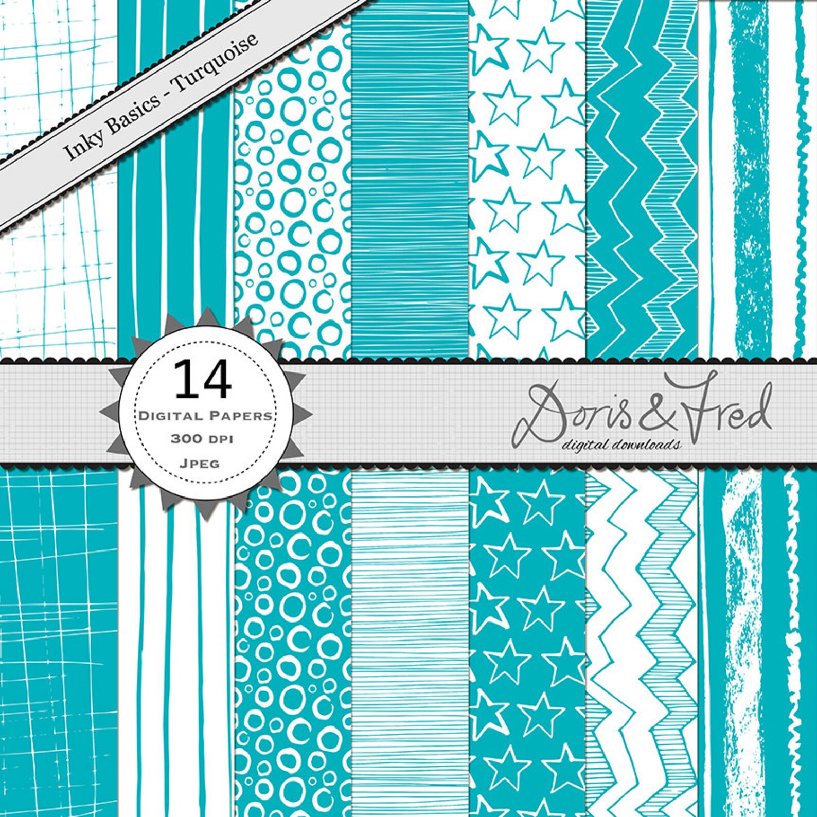 14 Turquoise Digital Patterned Papers *instant Download* Inky, Basics ...