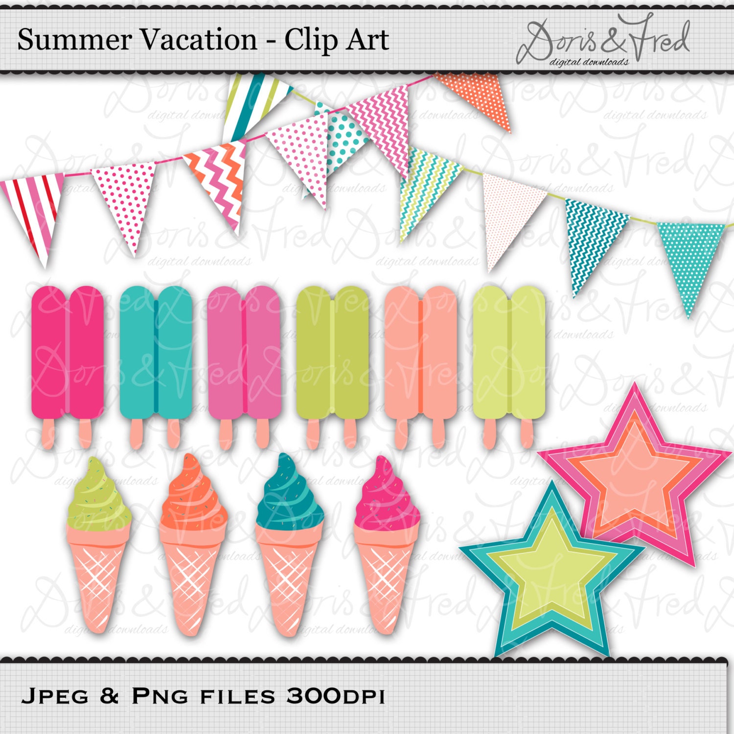 25 Summer Clip Art Images Popsicles, Ice Creams Bunting, Invitations ...