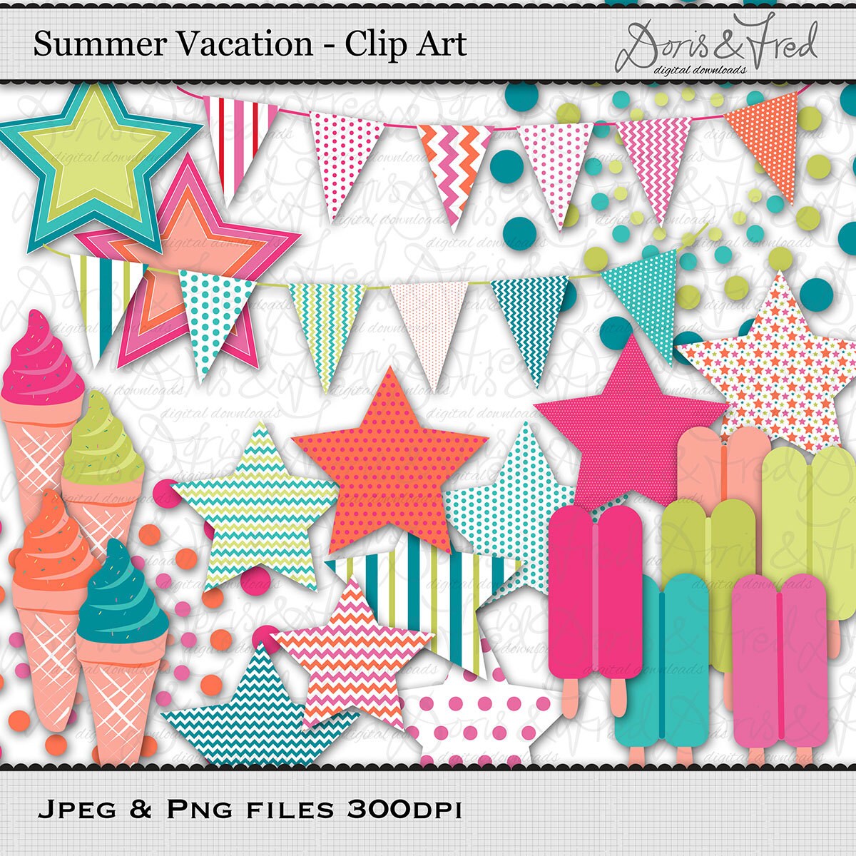 25 Summer Clip Art Images Popsicles, Ice Creams Bunting, Invitations ...