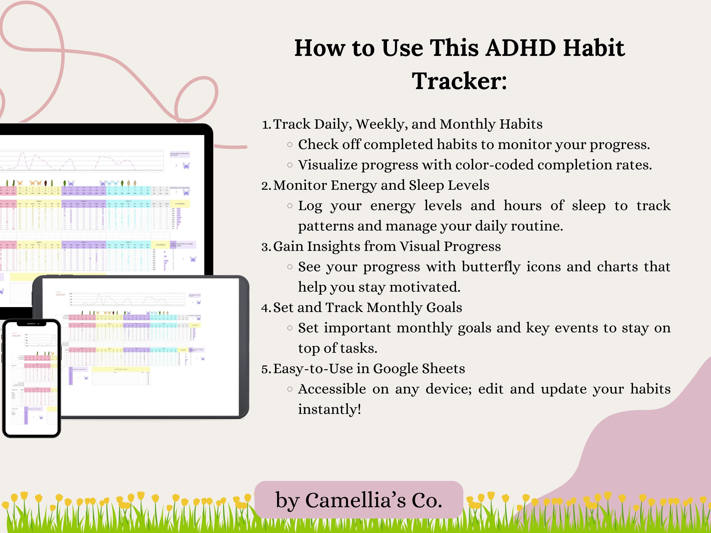 Google Sheets ADHD Habit Tracker Template Editable Digital Planner ...