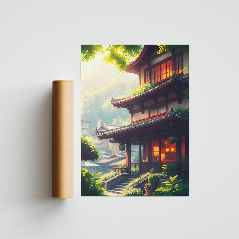 Japanese Temple Art Print Traditional Shrine Illustration Zen Wall ...