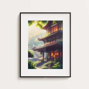 Japanese Temple Art Print Traditional Shrine Illustration Zen Wall ...