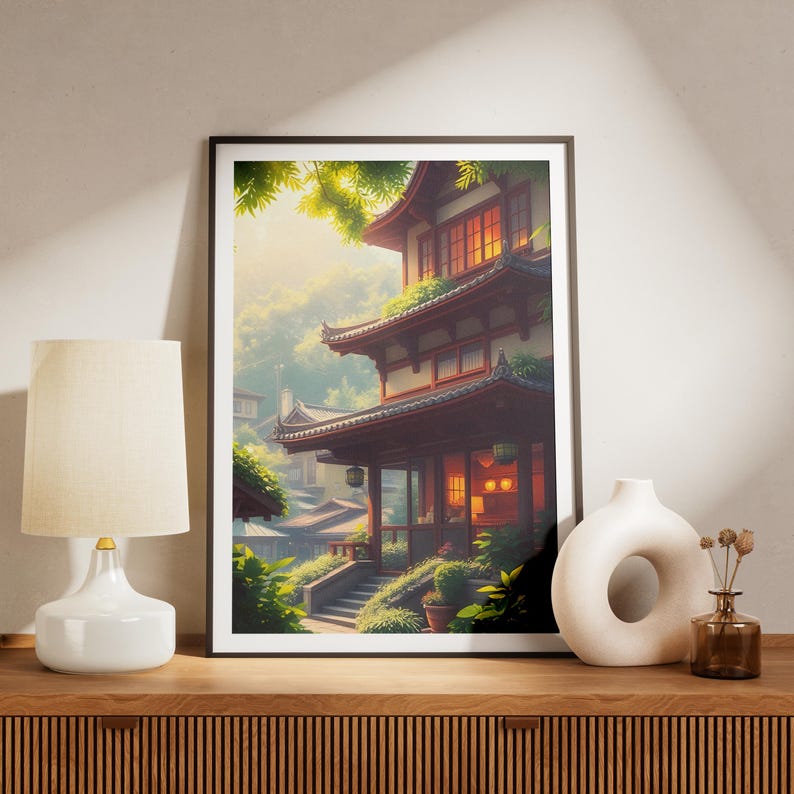 Japanese Temple Art Print Traditional Shrine Illustration Zen Wall ...