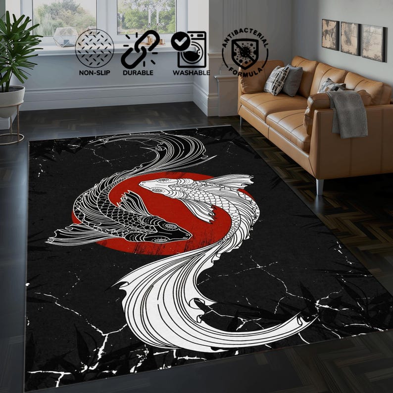 Japanese Koi Fish Rug, Intricate Koi Fish Yin-yang Rug, Decorative Rug ...