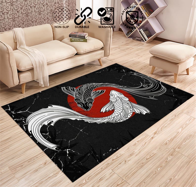 Japanese Koi Fish Rug, Intricate Koi Fish Yin-yang Rug, Decorative Rug ...