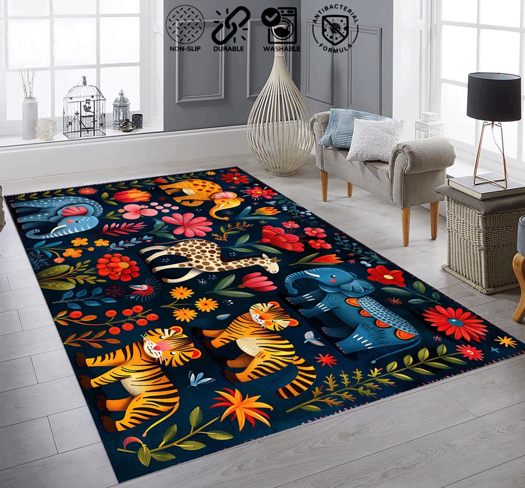 Forest Animals Rugs, Rug for Kids Room, Animal Print Rug, Tropical ...