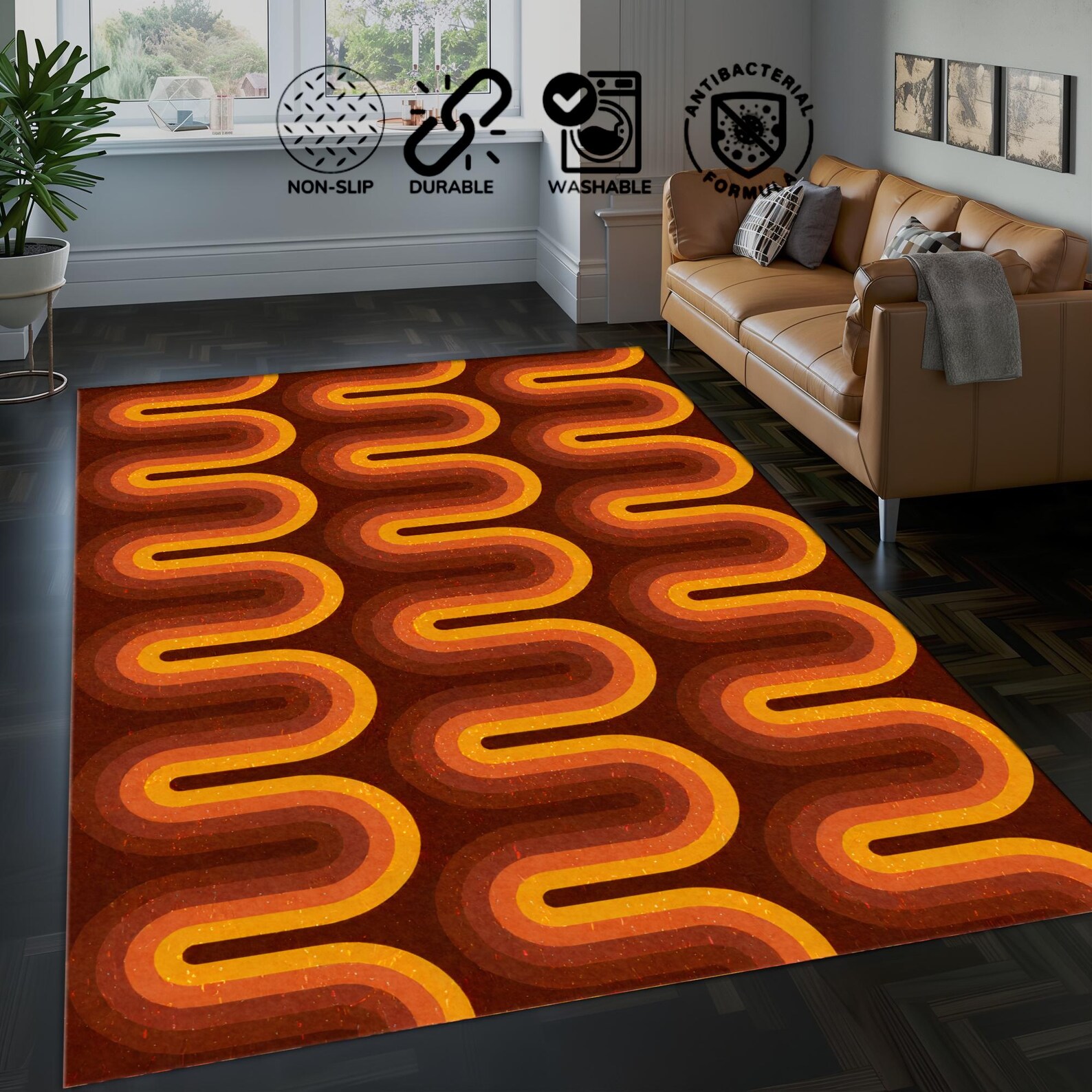 Brown Orange Geometric Rug, Groovy Dorm Decor, Retro Home Decor ...
