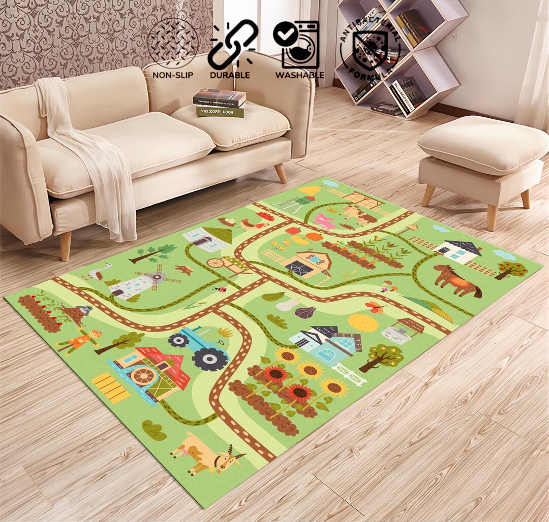 Farming Rug for Kids, Animals Themed Nursery Carpet, Farm Landscape Rug ...