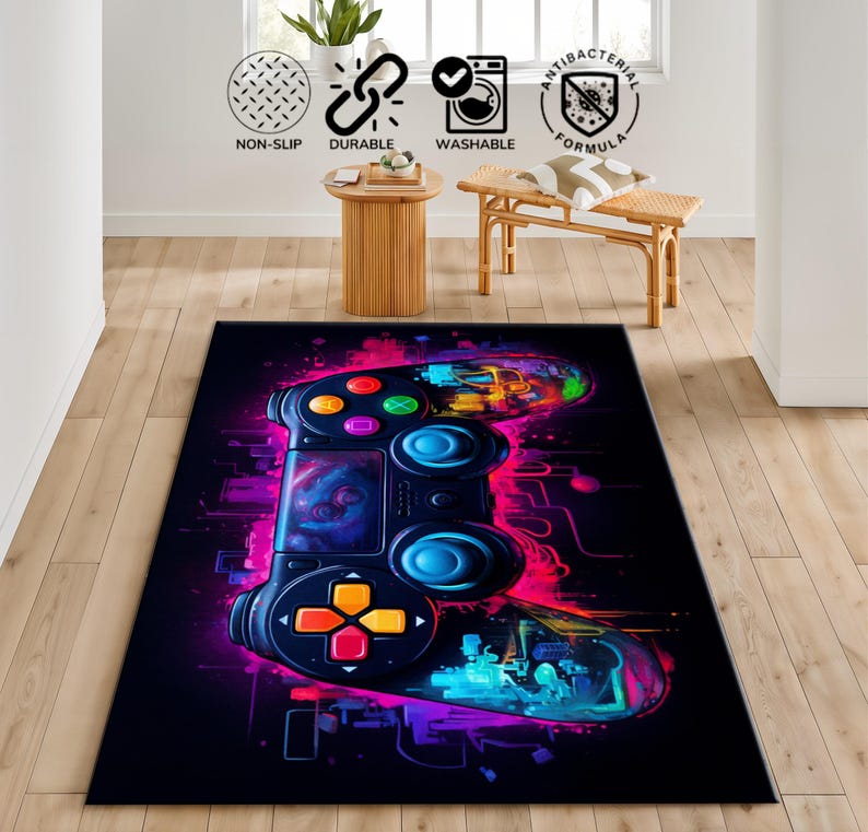 Gaming Room Rug, Gift for Gamer, Neon Look Rug, Cool Rug, Game Boy Rug ...