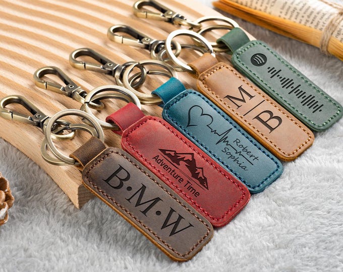 Engraved Leather Keychain: Personalized Coordinates, Monogram Key Fob ...
