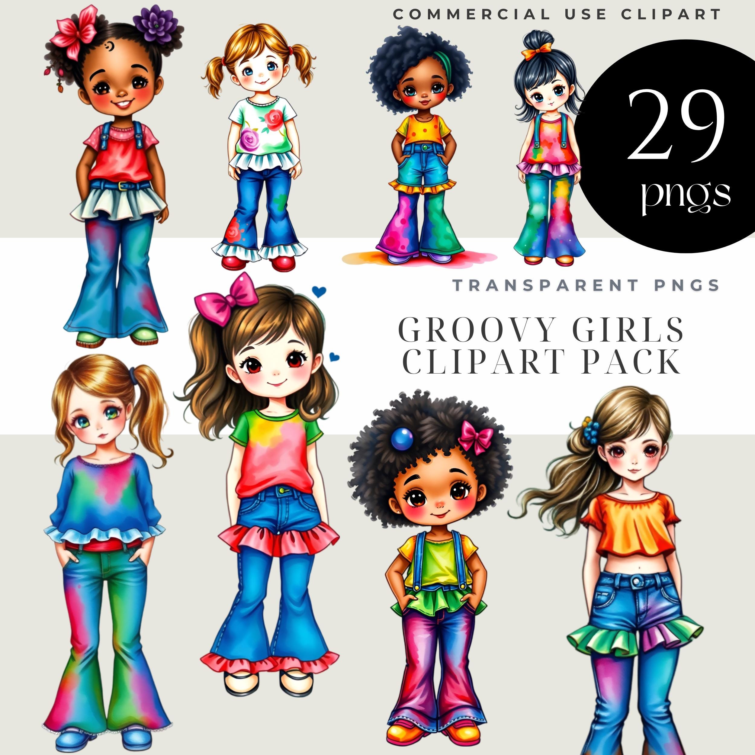 Hippie Girl Clipart, Multicultural Teen Girl Pngs, Retro Boho Girl ...