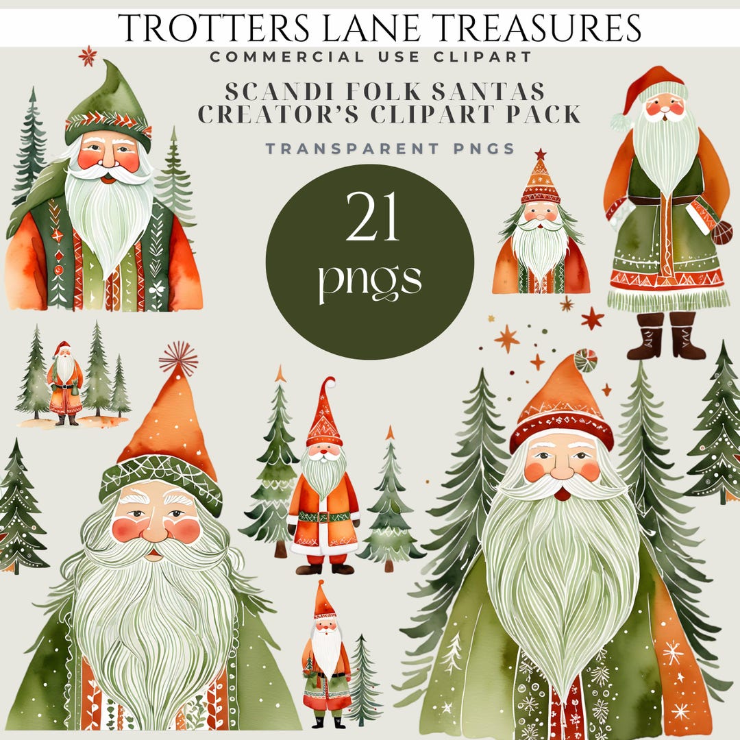 Santa Clipart Water Color, Scandi Santa Clipart, Folk Santa Clipart ...