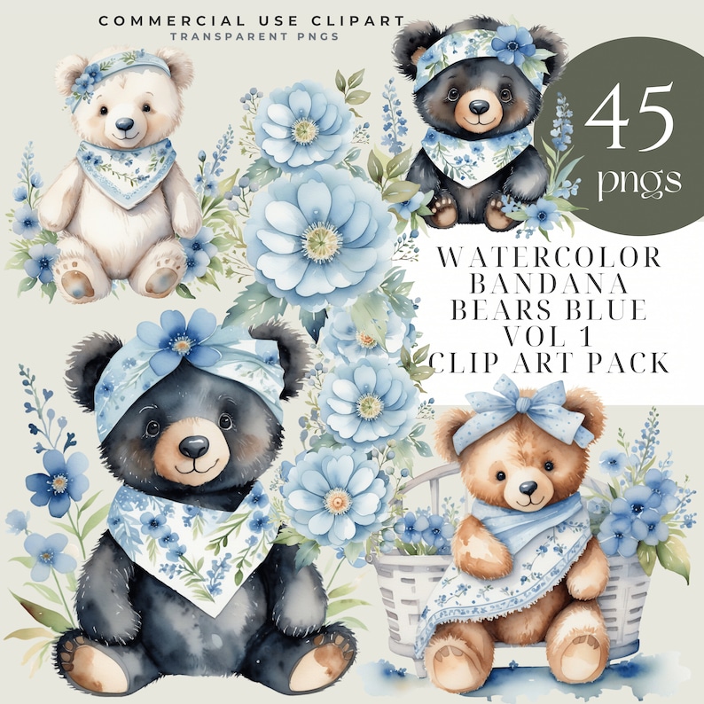 Blue Teddy Bear, Bandana Bears Clipart Pack, Pngs, Blue Floral Bears ...