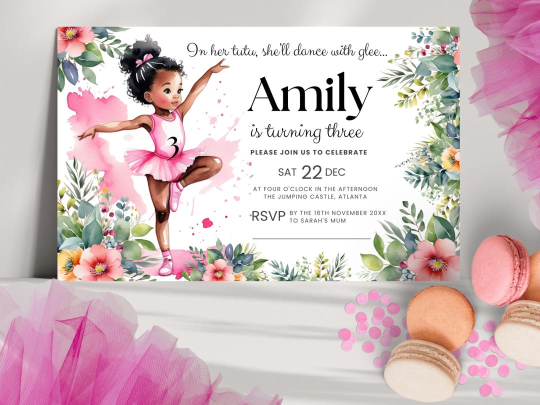 Three Year Old Girl Birthday Invitation, Black Ballerina Birthday ...