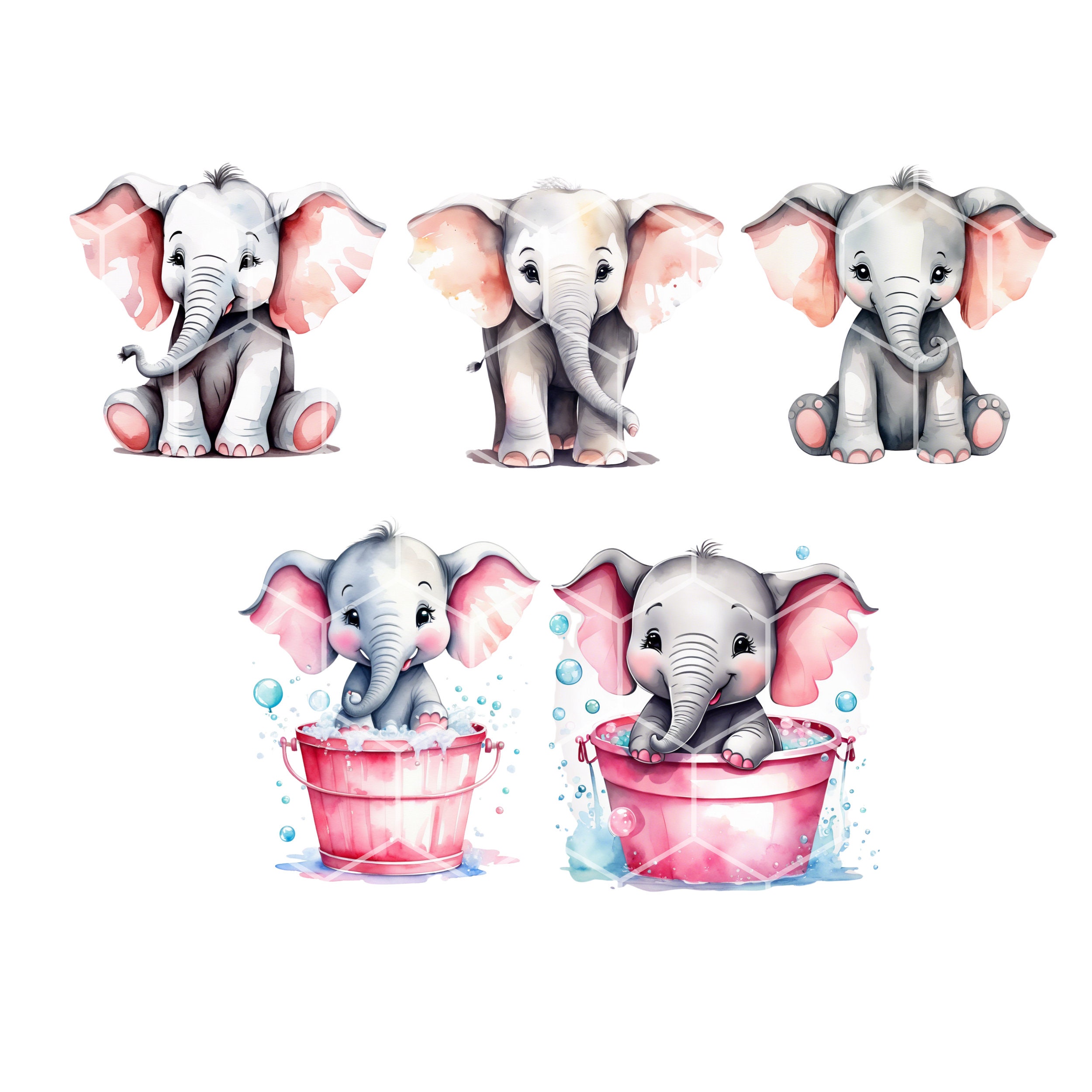 Cute Elephant Clipart, Watercolor Baby Elephant Illustration, Bubbles ...