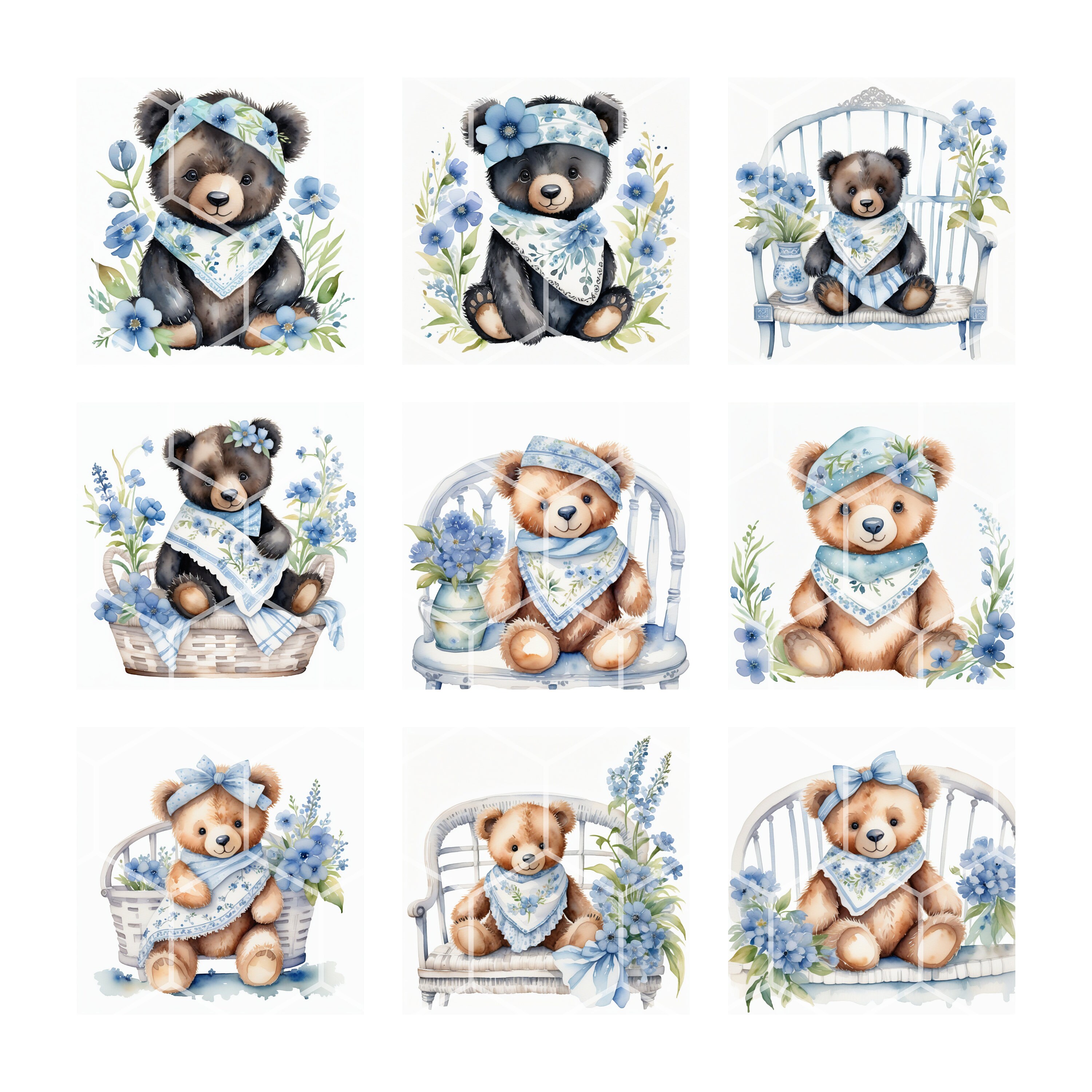Blue Teddy Bear, Bandana Bears Clipart Pack, Pngs, Blue Floral Bears ...