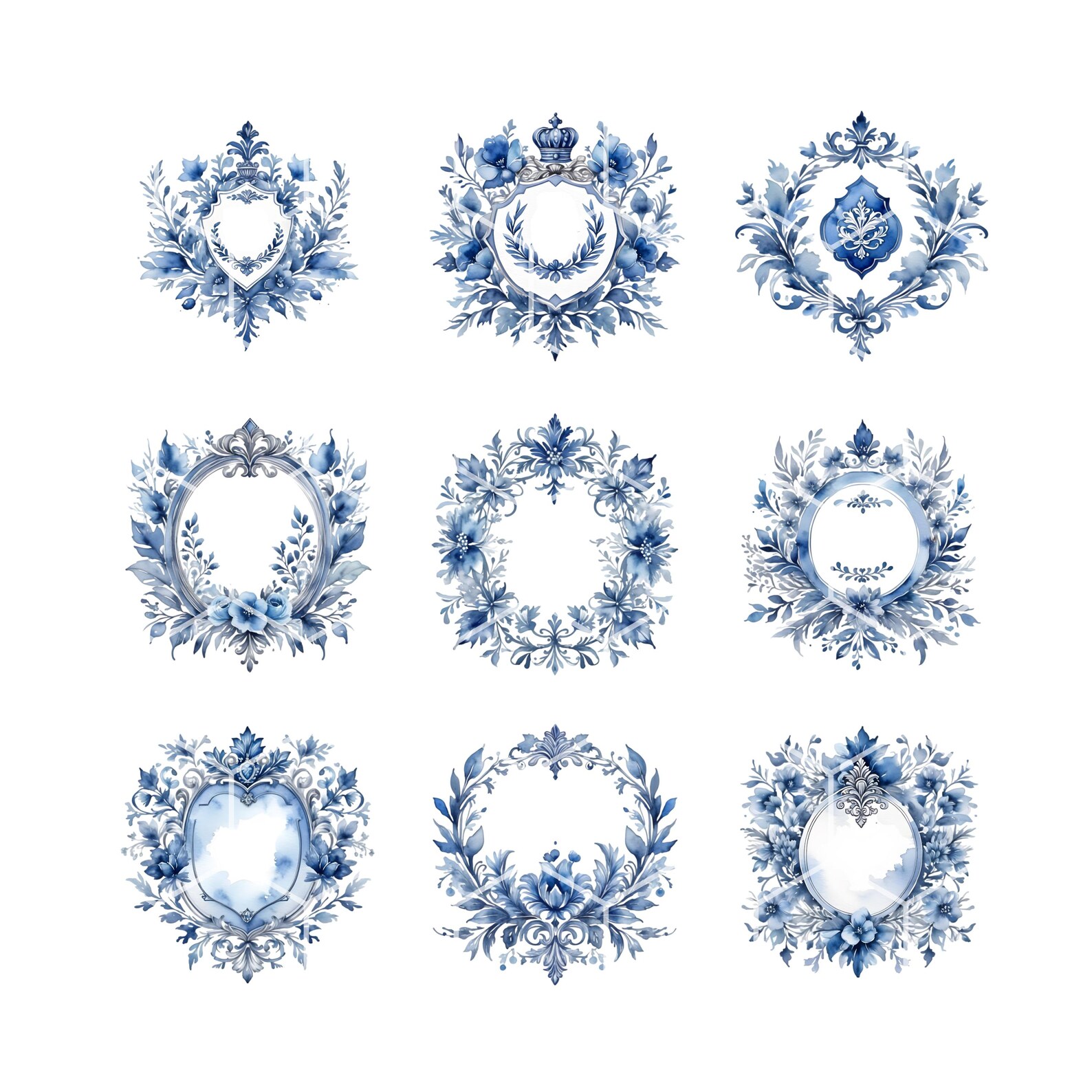 Blue Crest Clipart, Watercolor Wedding Crest Clipart, Floral Crest ...