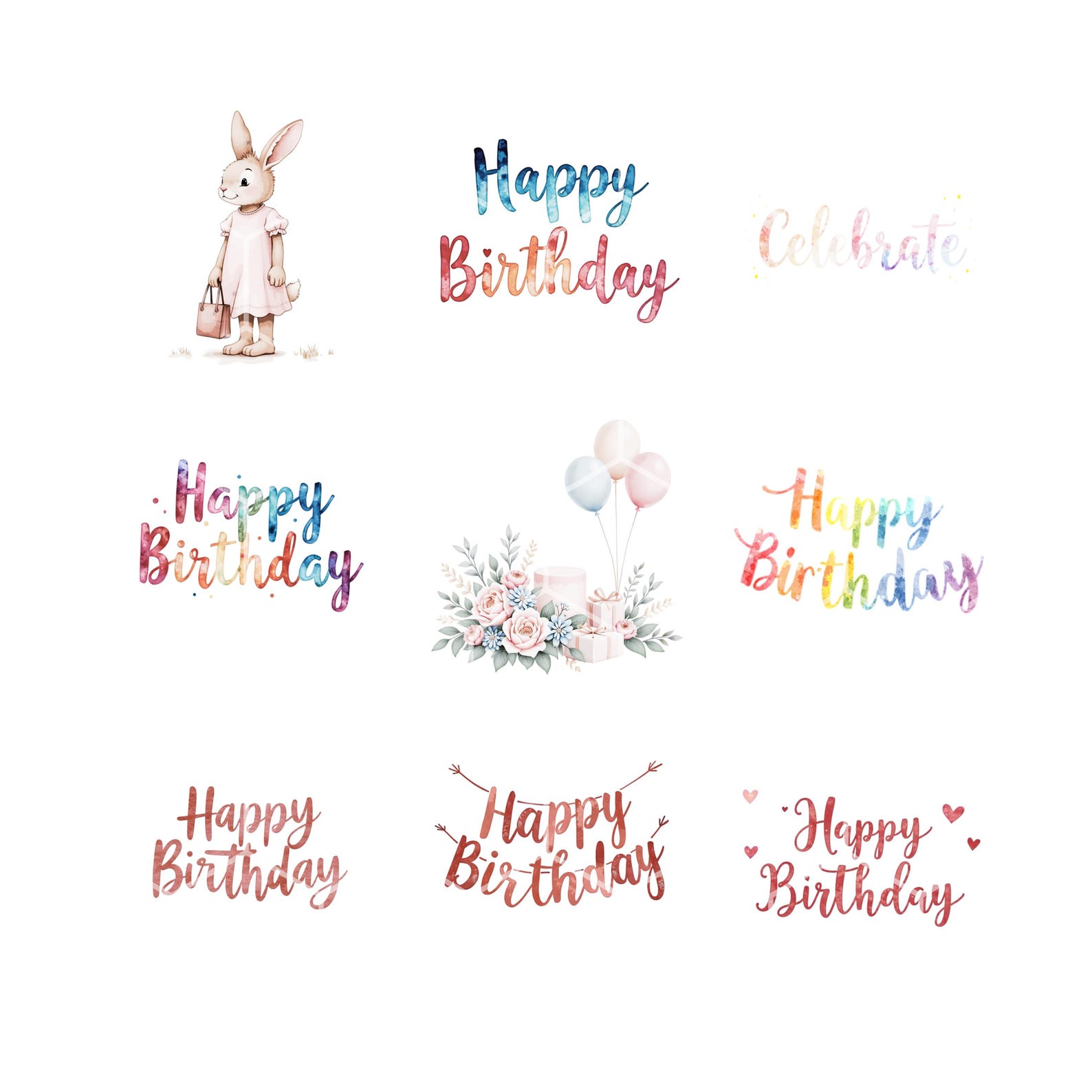 Words Happy Birthday Clipart | Pastel Balloon, Bunny Party, Cottagecore ...
