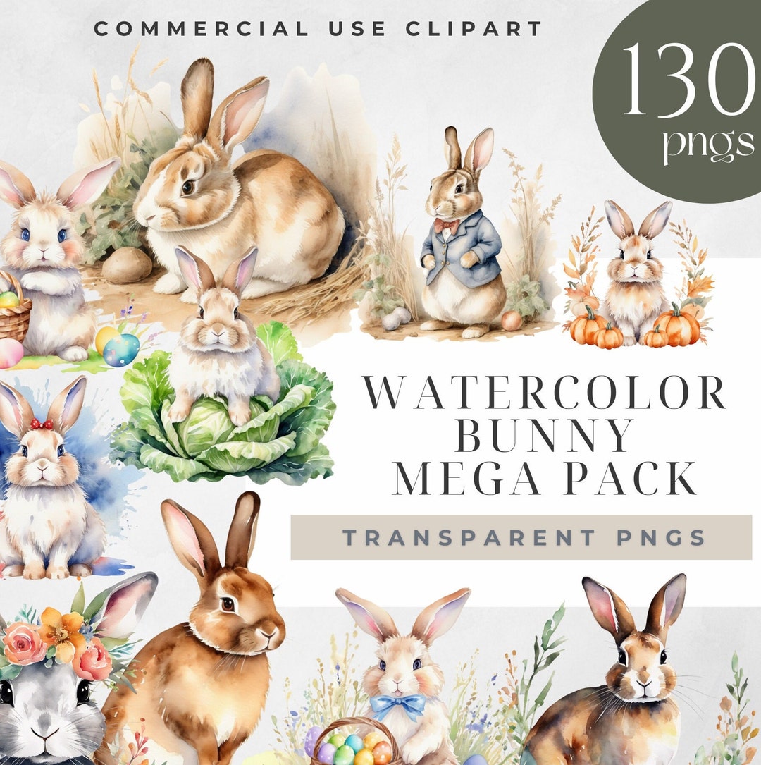 Watercolor Bunny Clipart Mega Pack – 130 Pngs, Spring & Easter Rabbits ...