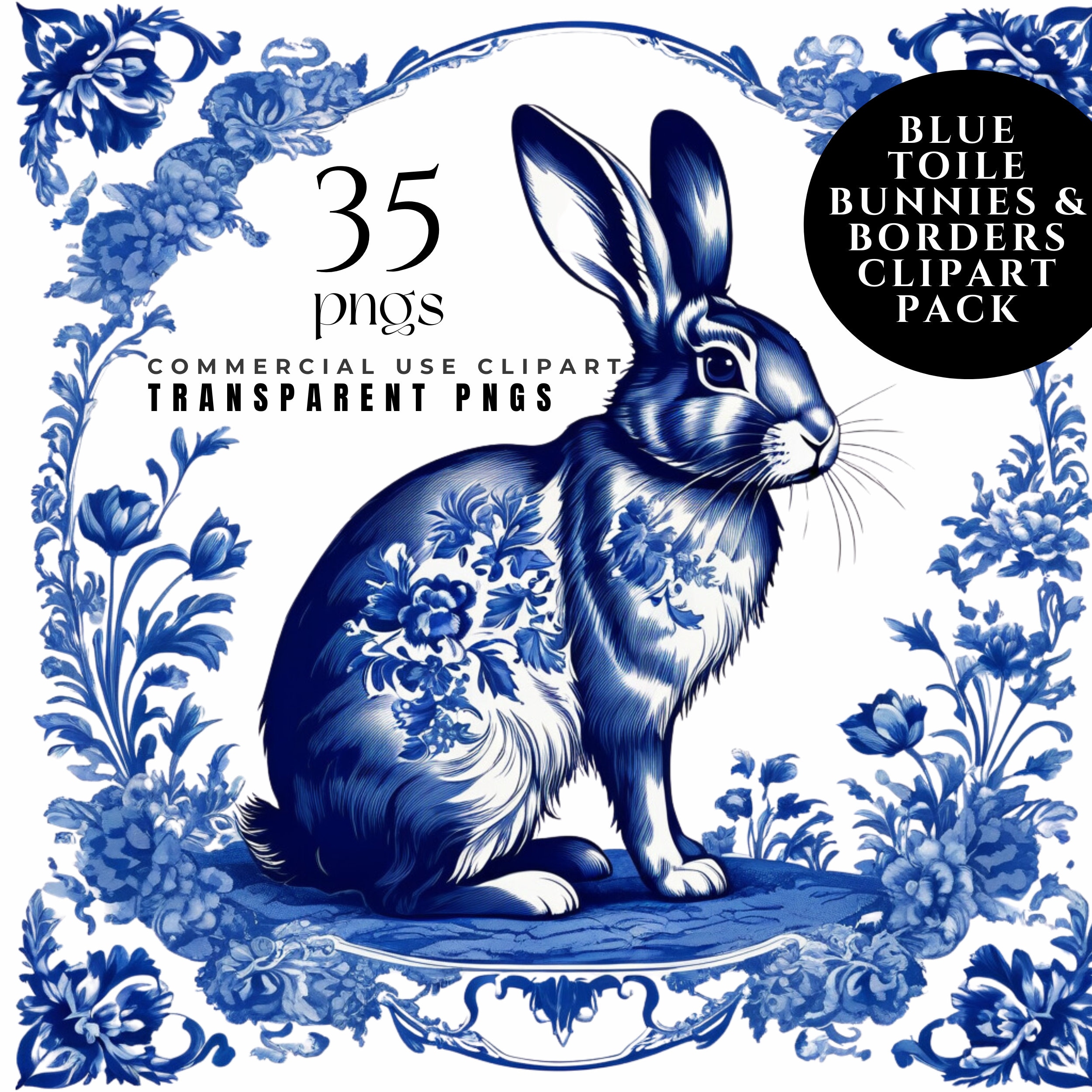Blue Toile Bunny Clipart Pack - Transparent Pngs, Floral Toile Borders ...