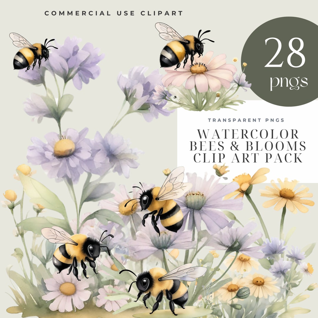 Watercolor Bees & Blooms Clipart, 28 Pngs, Instant Download, Commercial ...