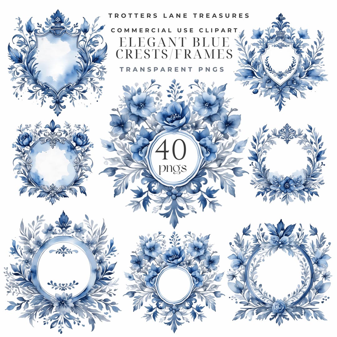 Blue Crest Clipart, Watercolor Wedding Crest Clipart, Floral Crest ...