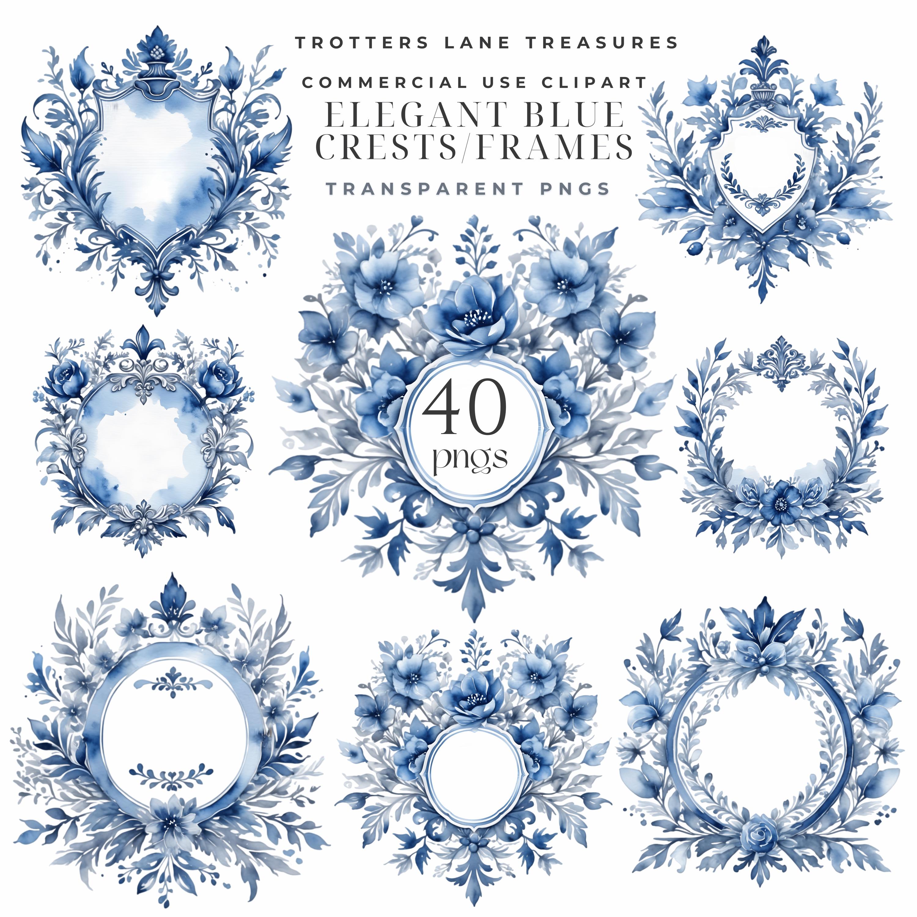 Blue Crest Clipart, Watercolor Wedding Crest Clipart, Floral Crest ...