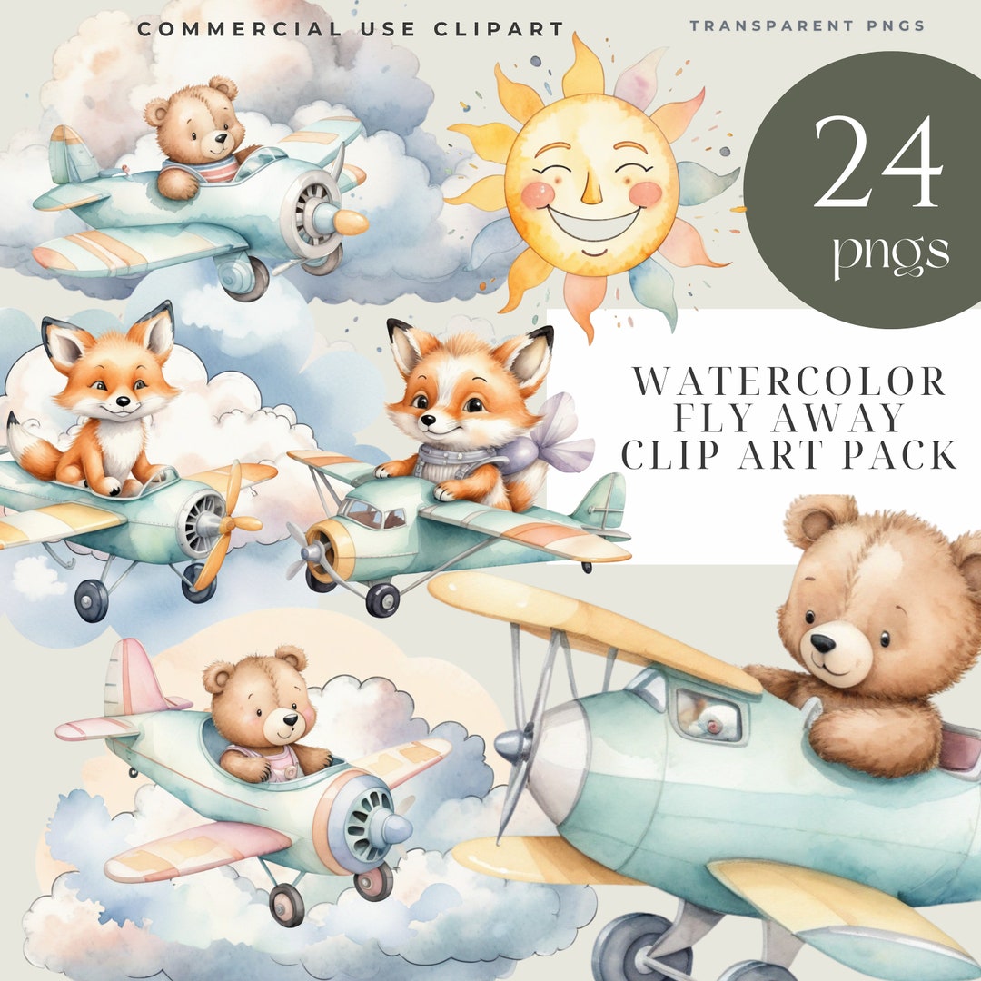 Air Plane Clipart, Watercolor Animal Pilot Clipart Pack - Commercial ...