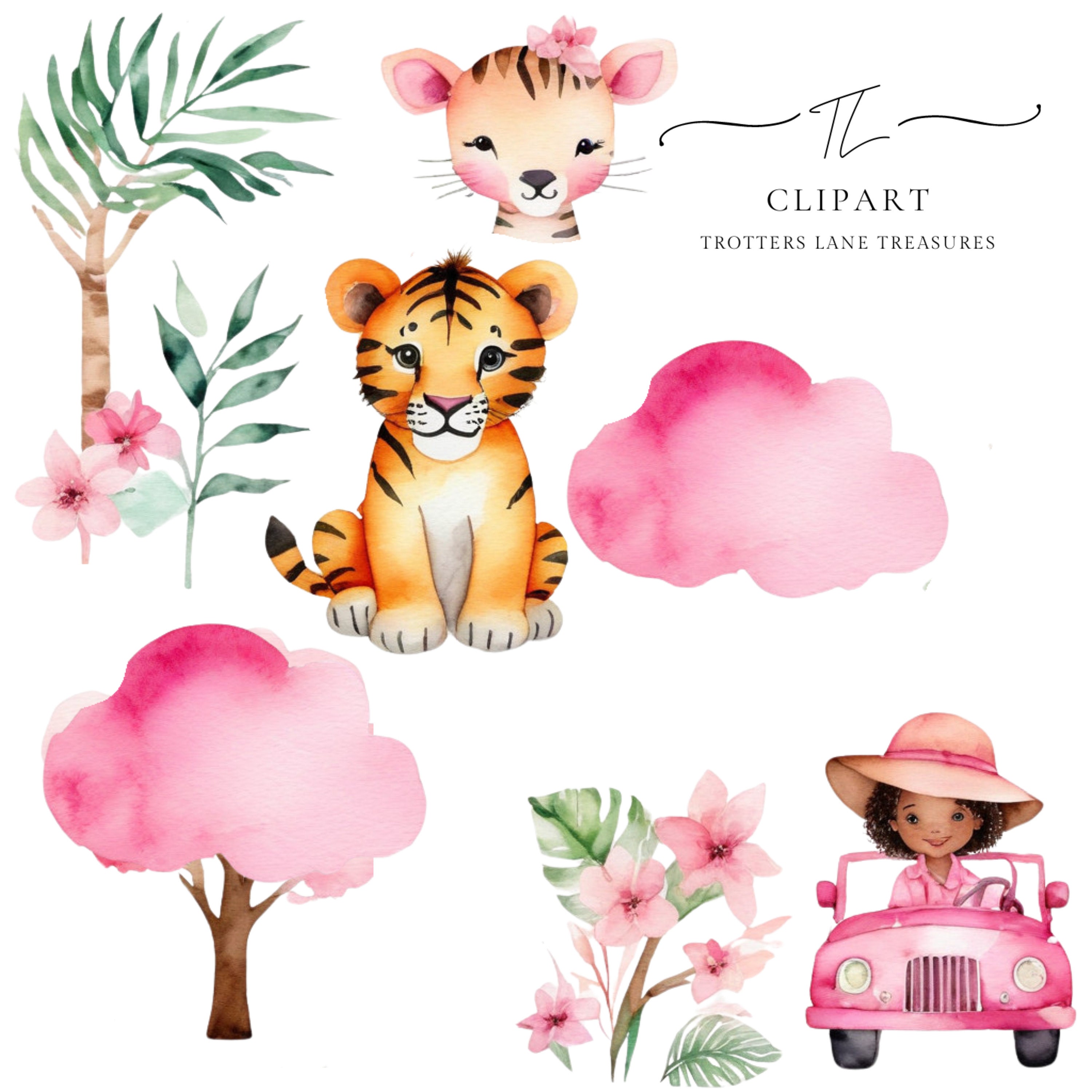 Safari Baby Animals Watercolor Clipart 32 High Quality Jpgs, Pink ...