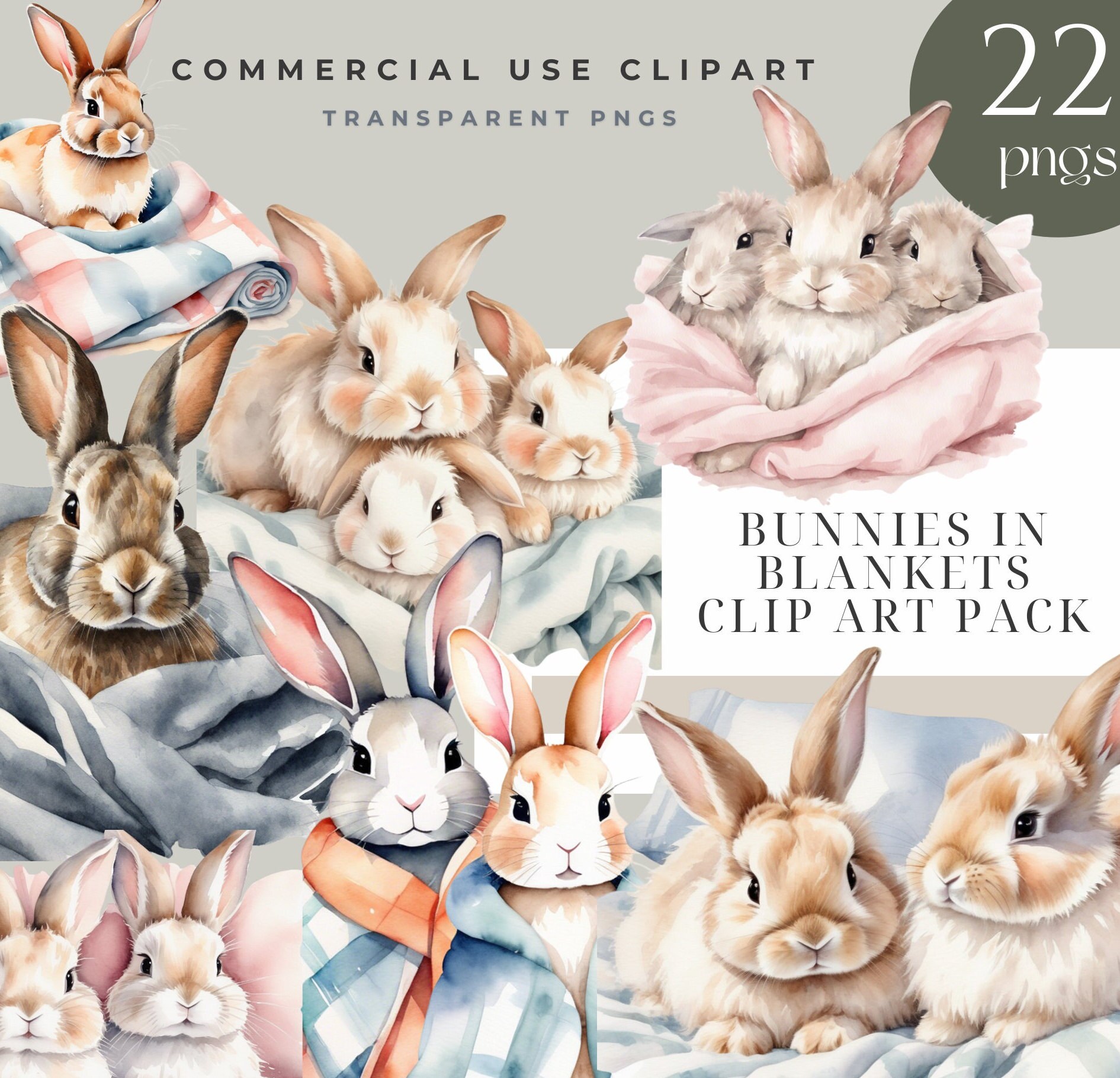 Cute Watercolor Bunny Clipart Bundle, Nursery Decor PNG, High-quality ...