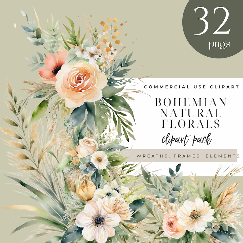 Watercolor Boho Flowers Clipart, Boho Floral Clipart, Boho Roses PNG ...