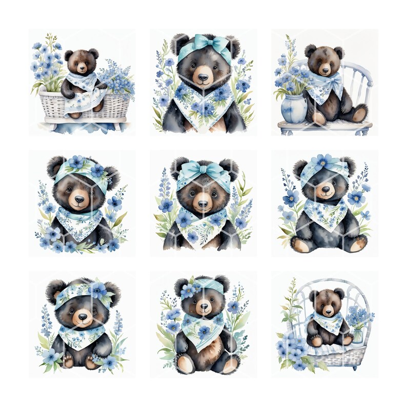 Blue Teddy Bear, Bandana Bears Clipart Pack, Pngs, Blue Floral Bears ...