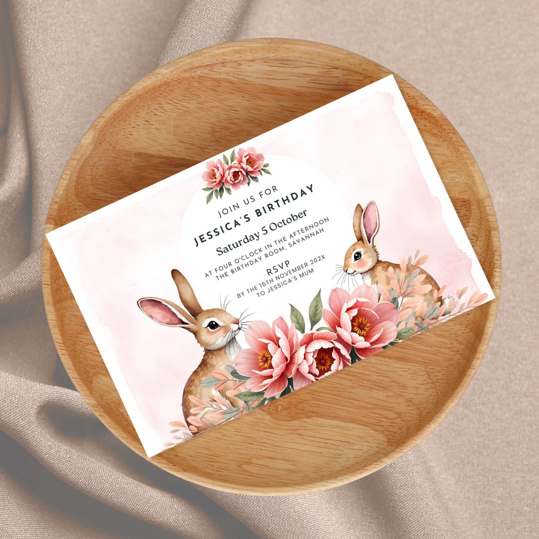 Bunny Birthday Invitation - Floral Bunny Invite - Editable Template ...