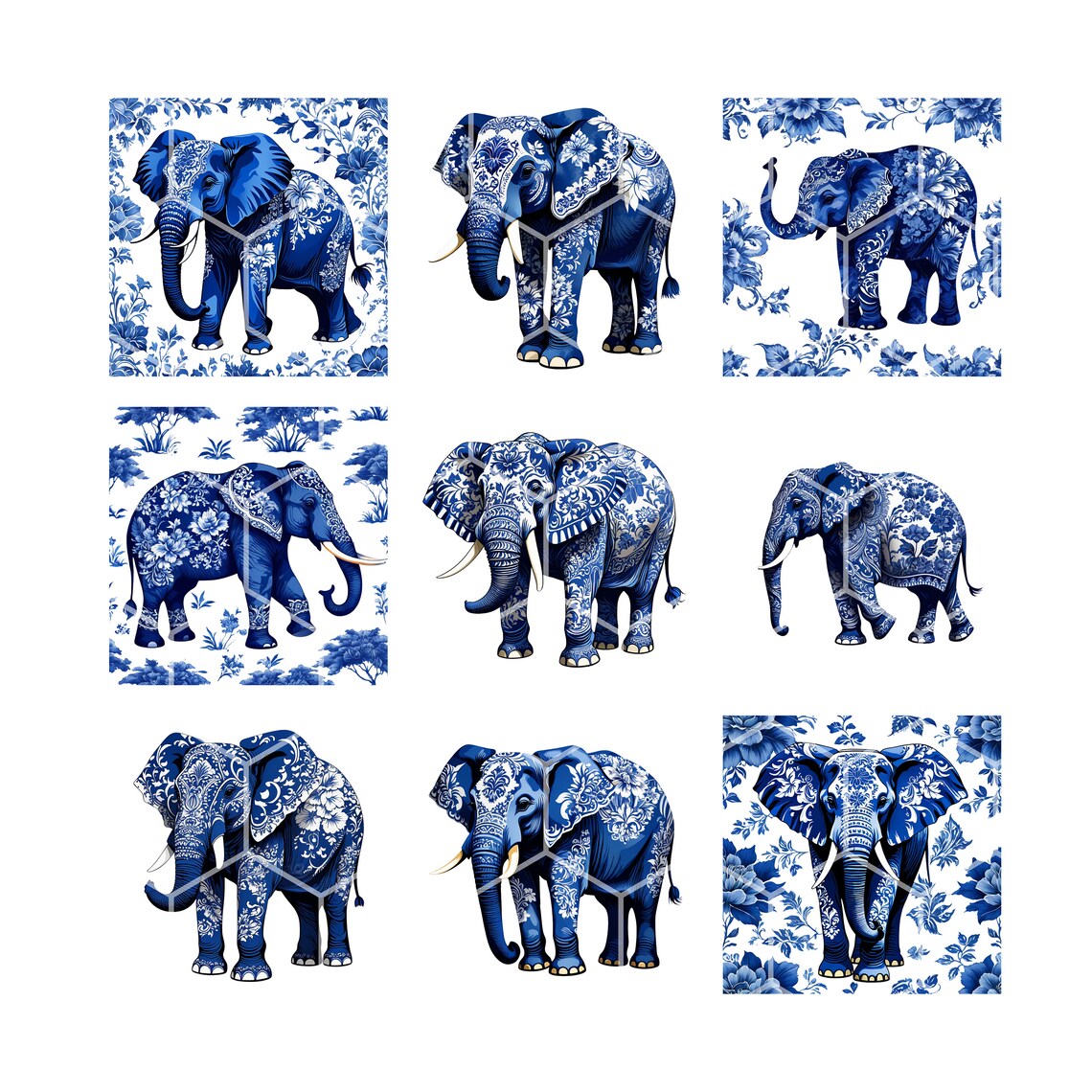 Toile Blue Clipart, Toile Blue Elephants Clipart - 25 Pngs, Elegant ...