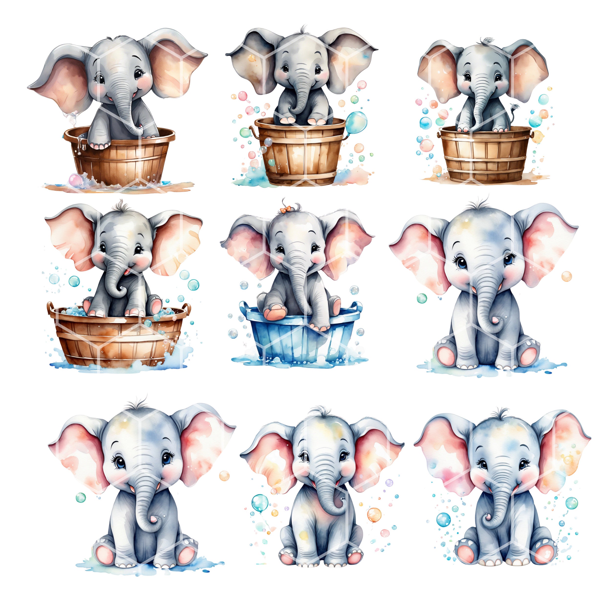 Cute Elephant Clipart, Watercolor Baby Elephant Illustration, Bubbles ...
