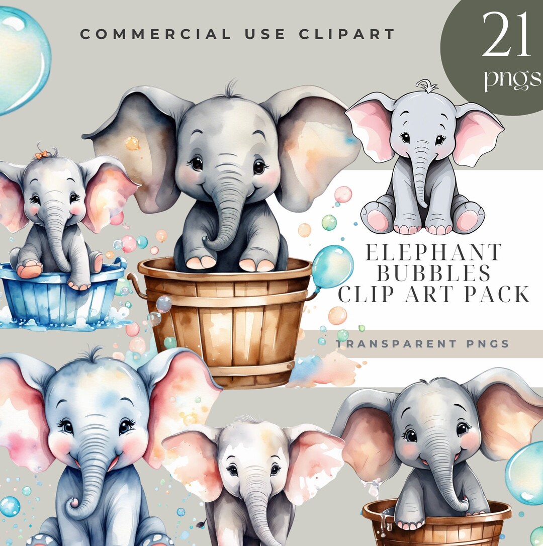 Cute Elephant Clipart, Watercolor Baby Elephant Illustration, Bubbles ...