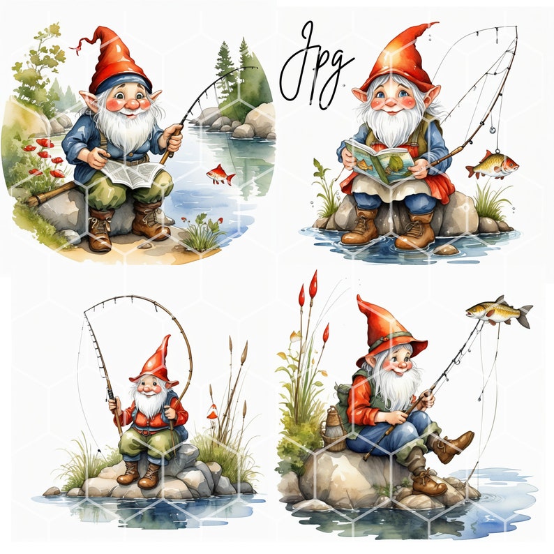Fishing Gnome Clipart, Watercolor Gnome Pngs, Cute Fishing Clipart Pack ...