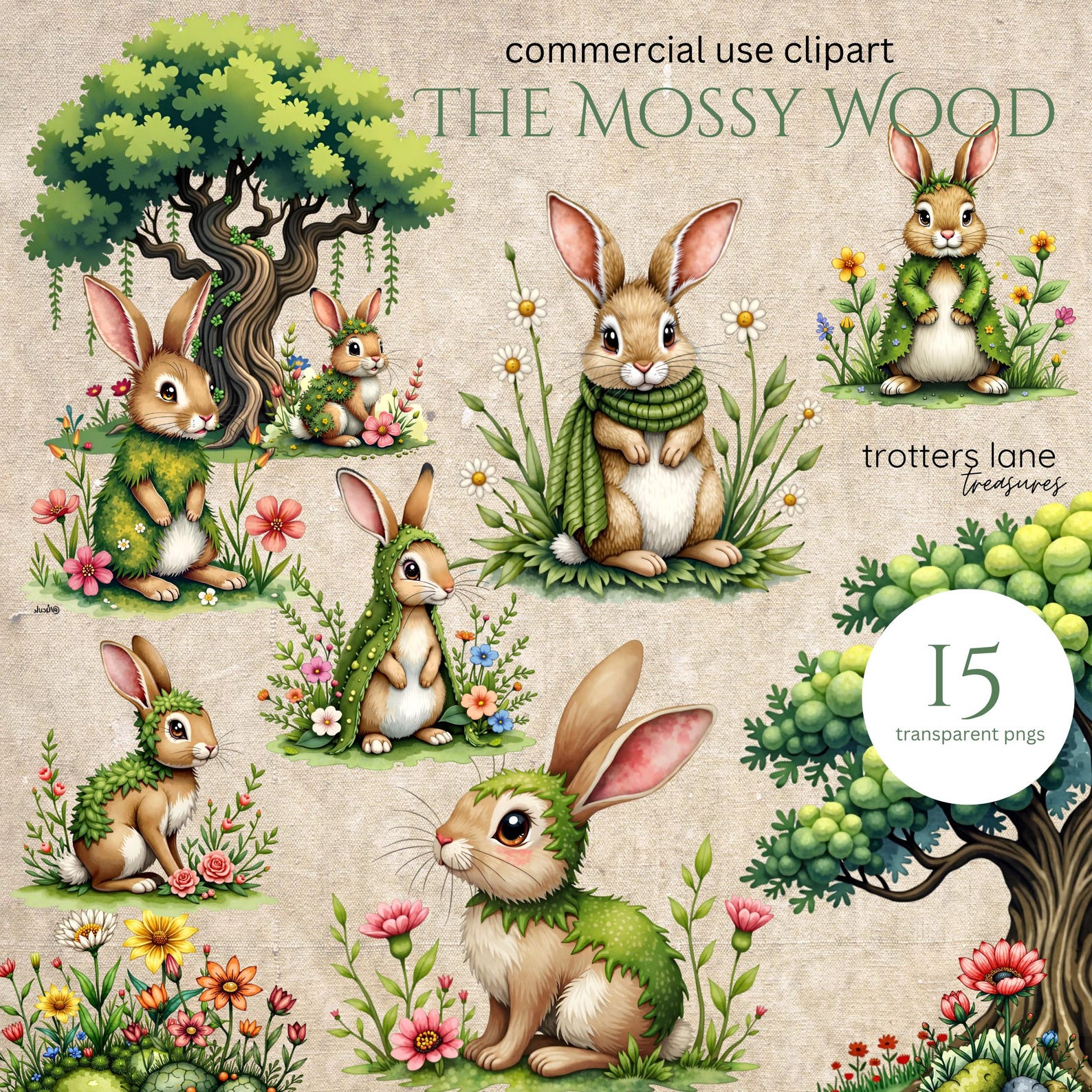 Woodland Bunny Clipart | Mossy Forest Rabbit, Whimsical Garden Animals ...