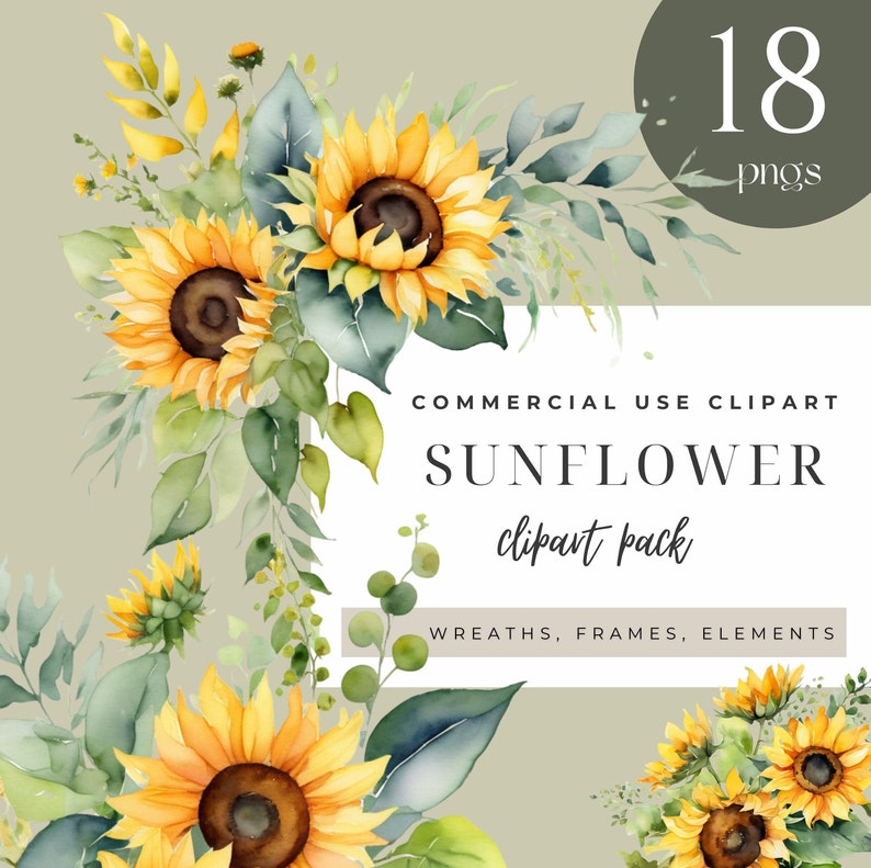 Set of 18 , Sunflowers Clipart Bundle, Watercolor Sunflower PNG ...