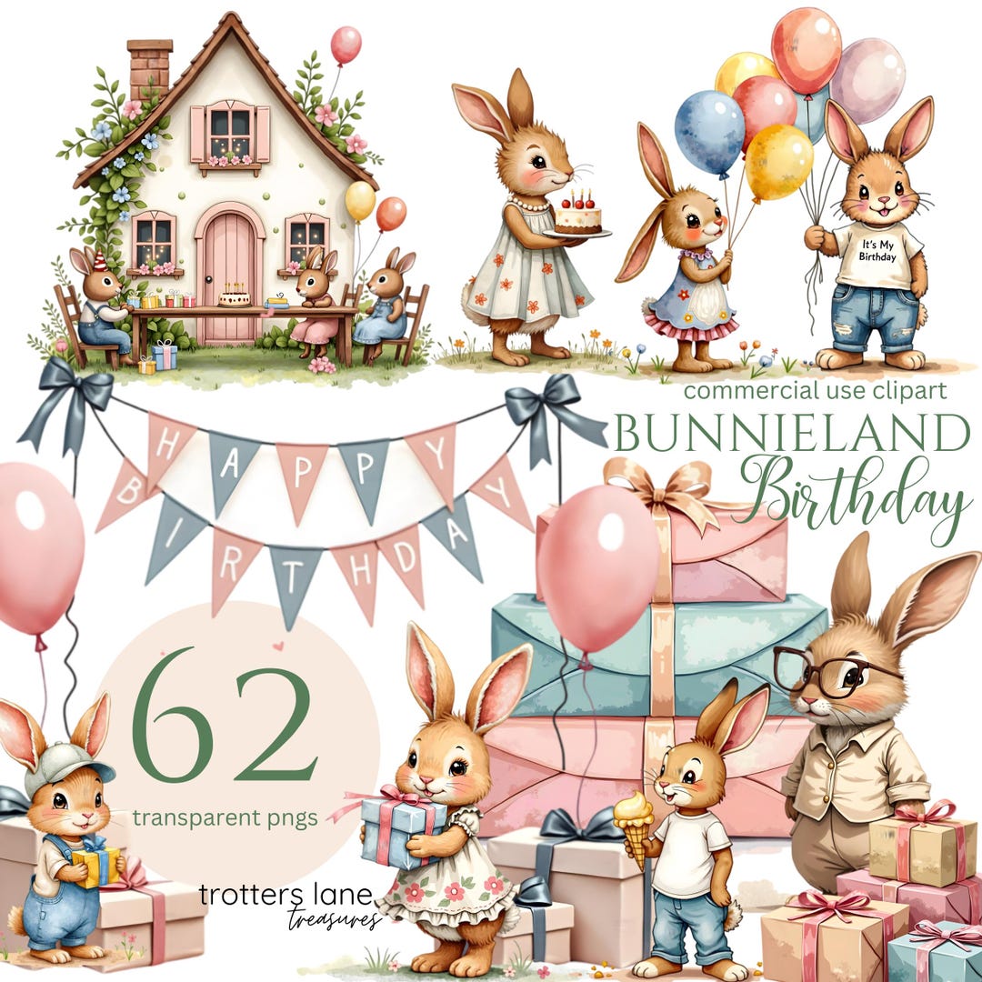 Words Happy Birthday Clipart | Pastel Balloon, Bunny Party, Cottagecore ...