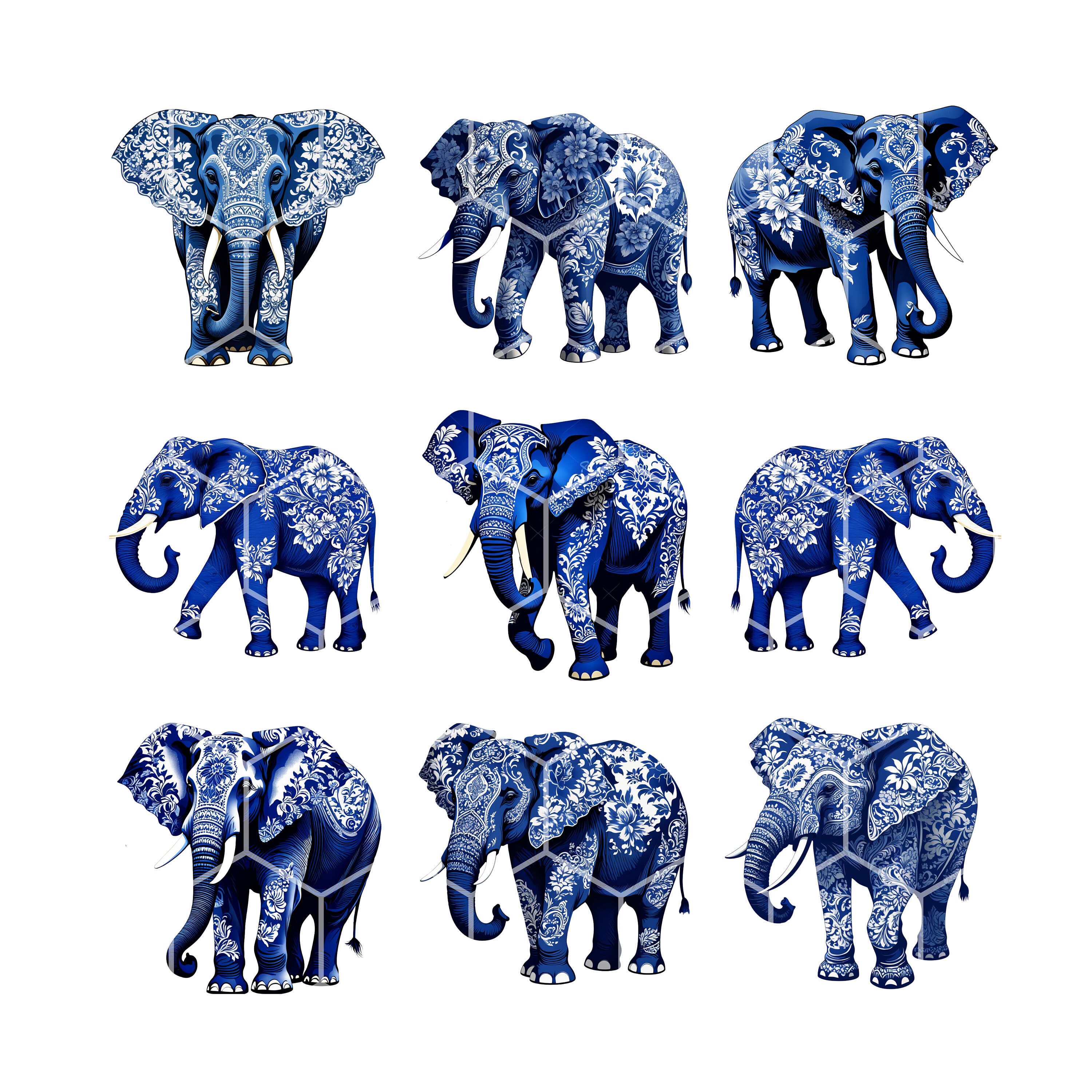 Toile Blue Clipart, Toile Blue Elephants Clipart - 25 Pngs, Elegant ...