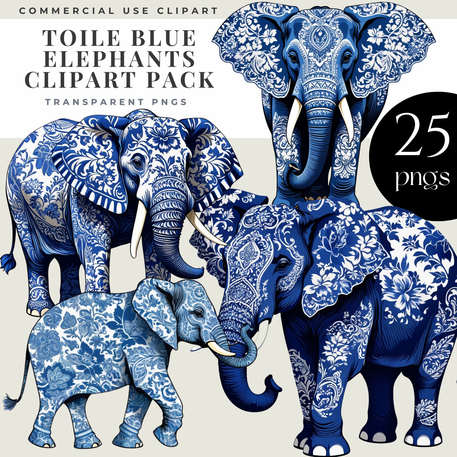 Toile Blue Clipart, Toile Blue Elephants Clipart - 25 Pngs, Elegant ...