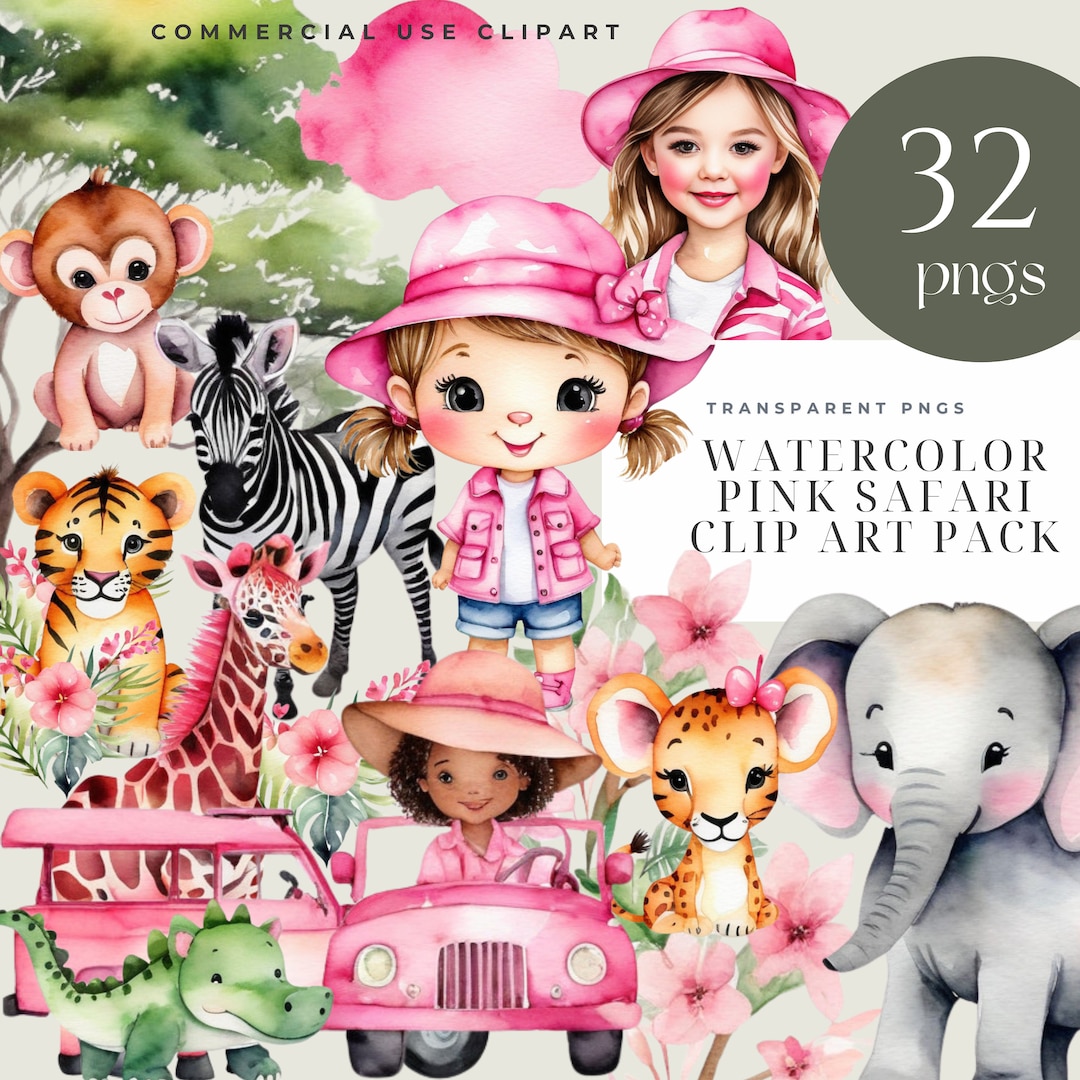 Safari Baby Animals Watercolor Clipart 32 High Quality Jpgs, Pink ...